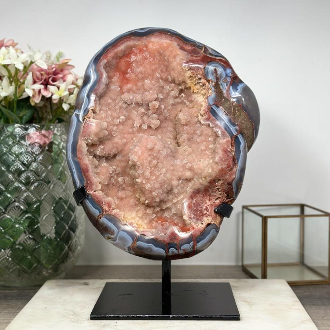 Unique Specimen, Natural Pink Sugar Druzy Geode With Blue Agate Shell ...