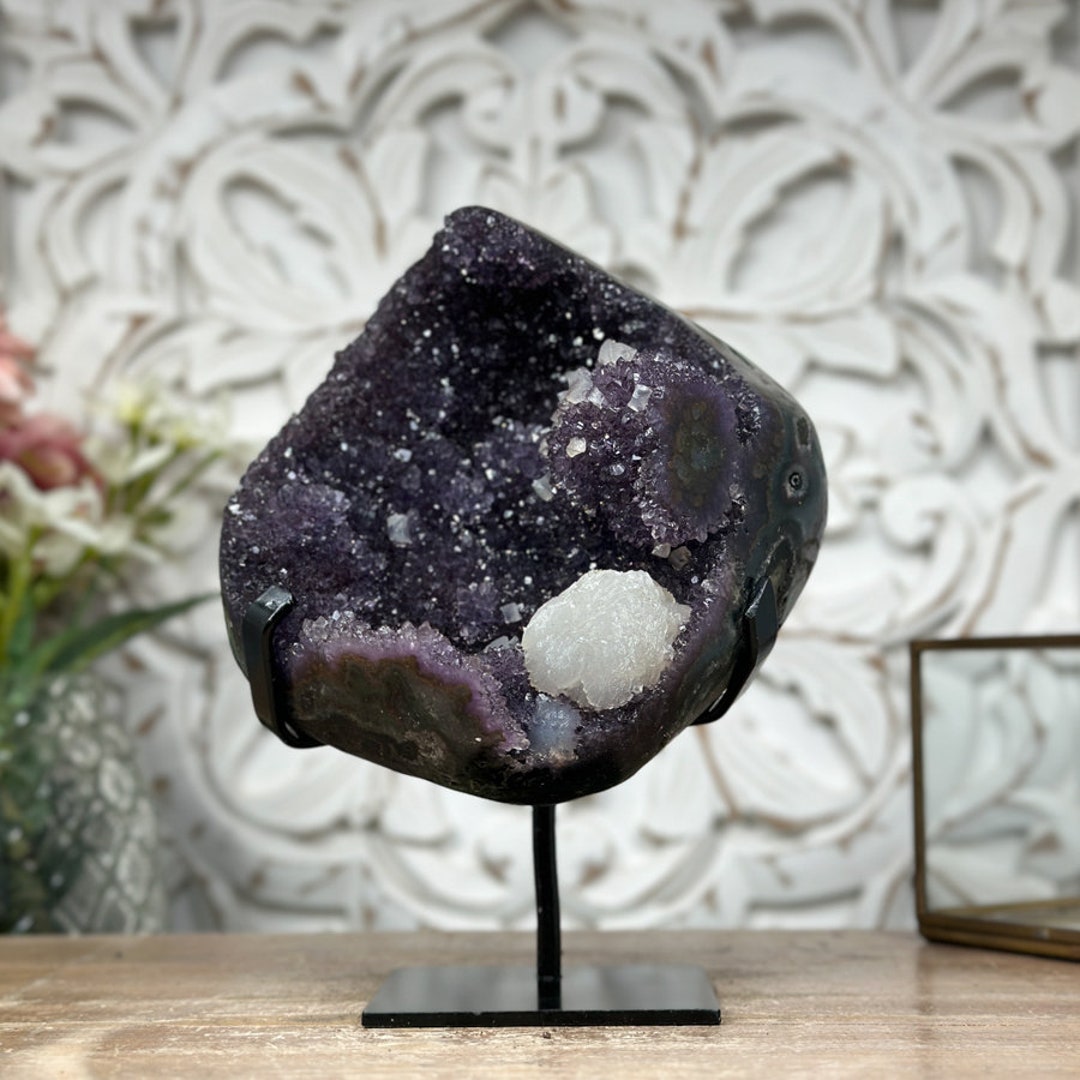 Natural Amethyst Specimen, Deep Purple Crystals, Metallic Stand ...