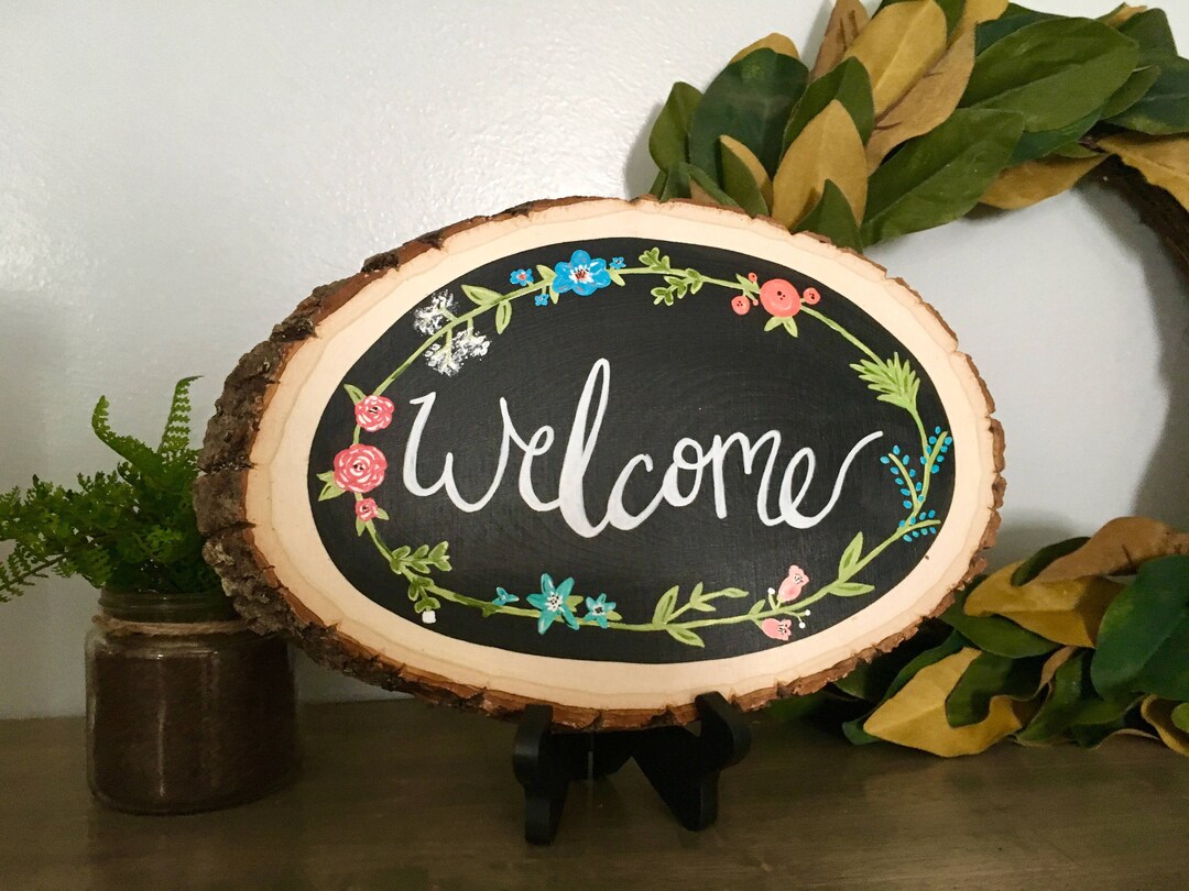 Hand-painted Wooden Welcome Sign - Floral (large) - Etsy