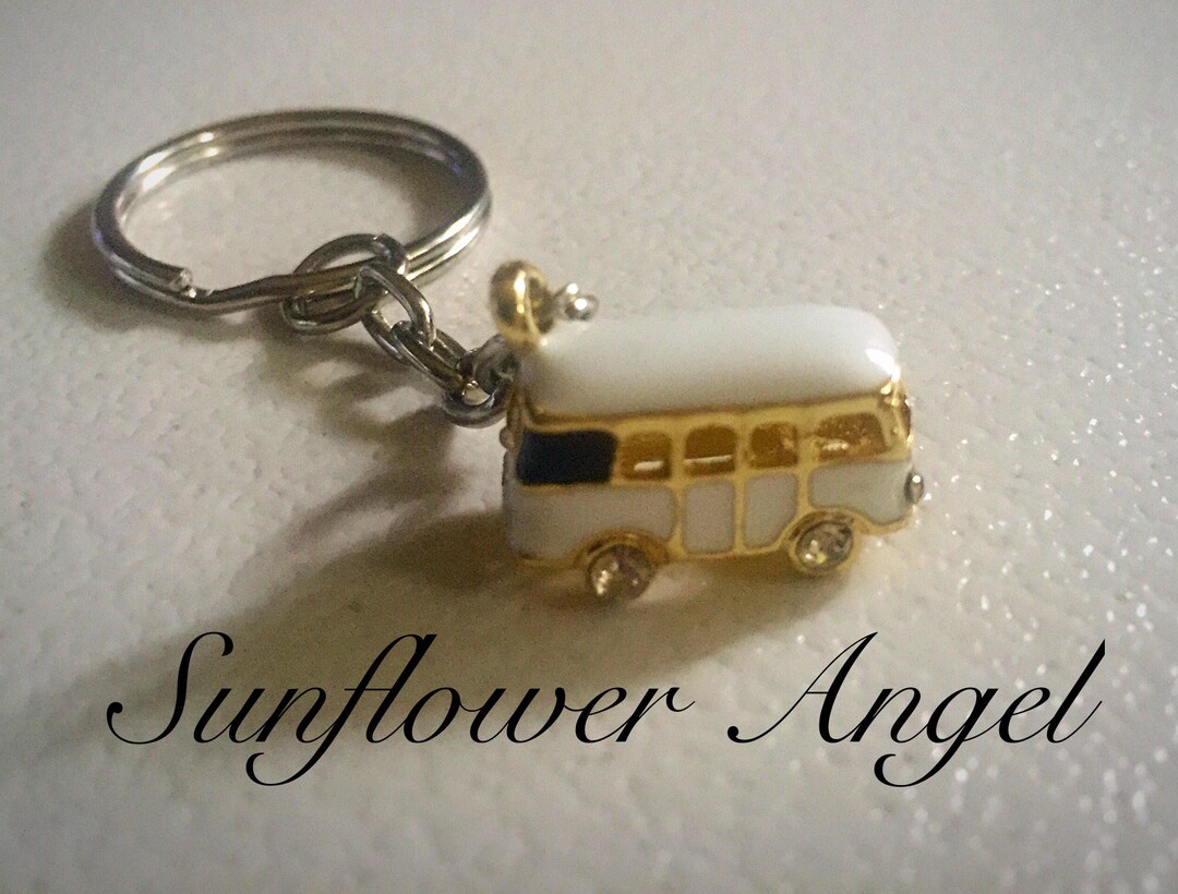 Enamel VW Van Keychain, Gold and White, Crystal Headlights - Etsy