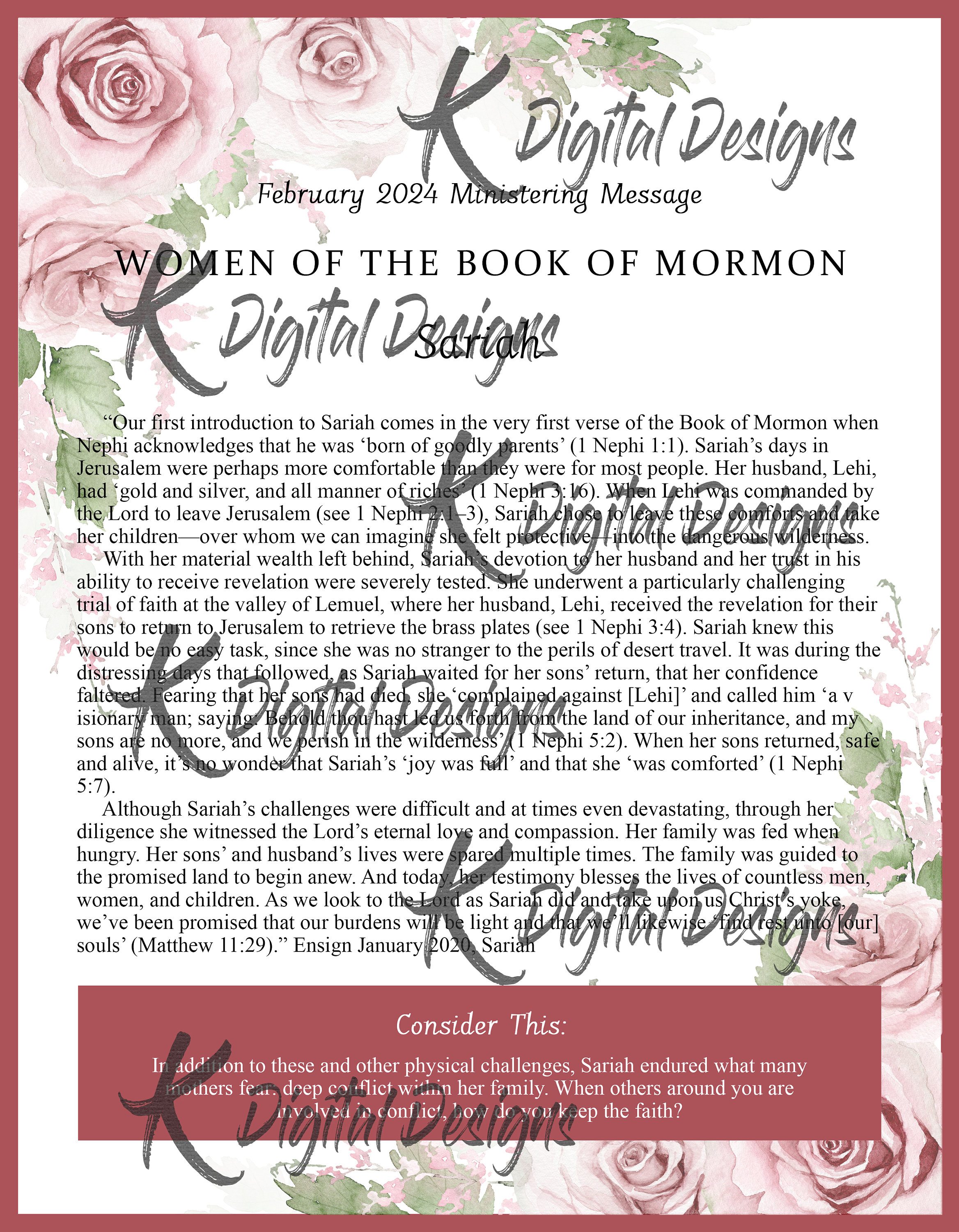 February 2024 Ministering Kit: Women of the Book of Mormon - Sariah - Etsy