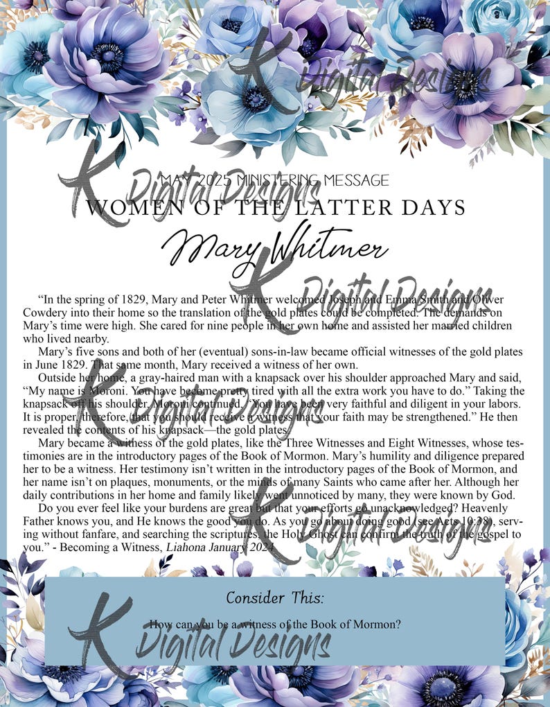 May 2025 Ministering Kit: Women of the Latter Days - Mary Whitmer - Etsy