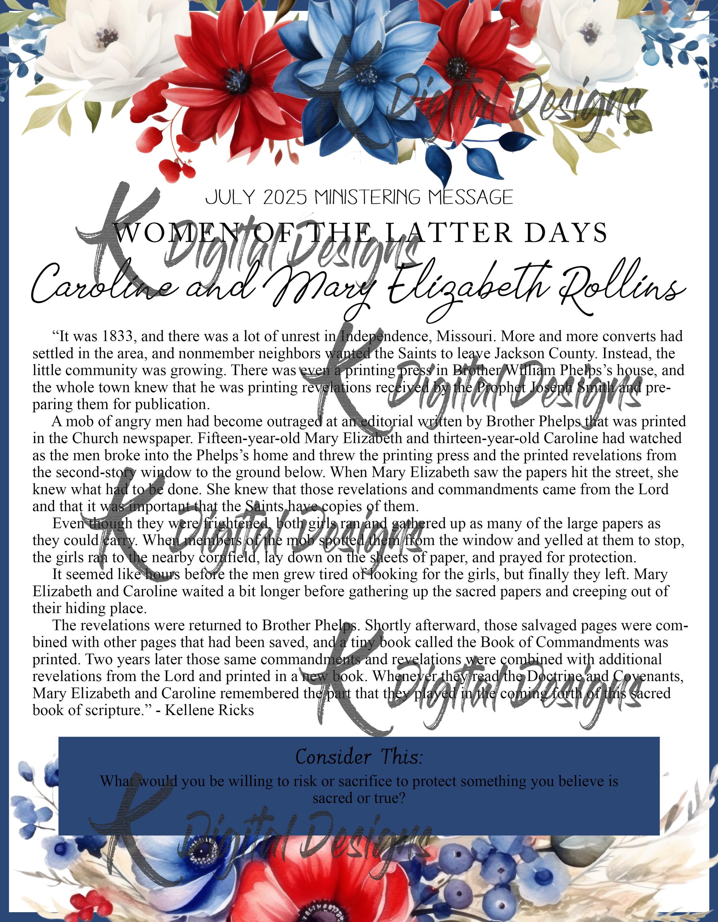 July 2025 Ministering Kit: Women of the Latter Days - Caroline and Mary ...