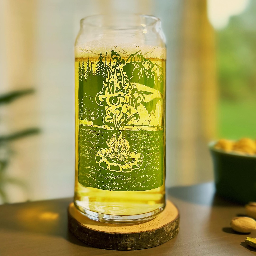 Printed Beer Glass With Camping Design, Beer Lovers Gift, Beer Can ...
