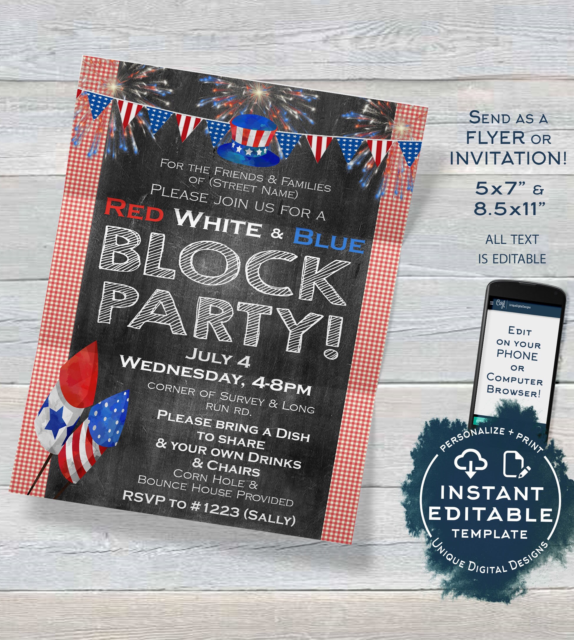 5x7 Red White Blue Barbecue Invite Printable DIY Patriotic July Fourth ...