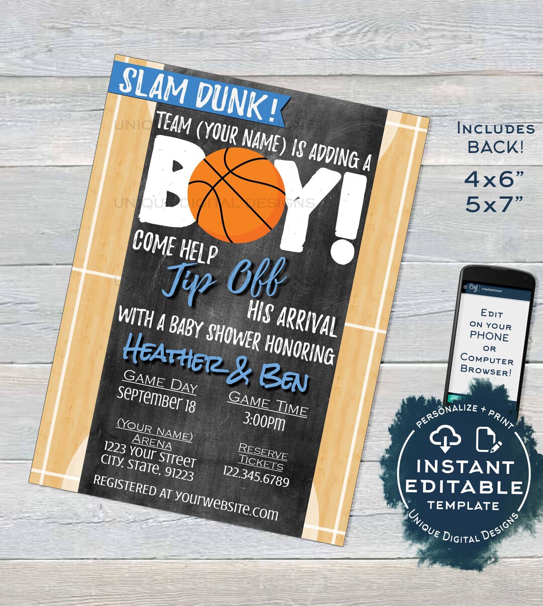 Basketball Baby Shower Invitation Baby Sprinkle Baby Boy Invite Slam ...