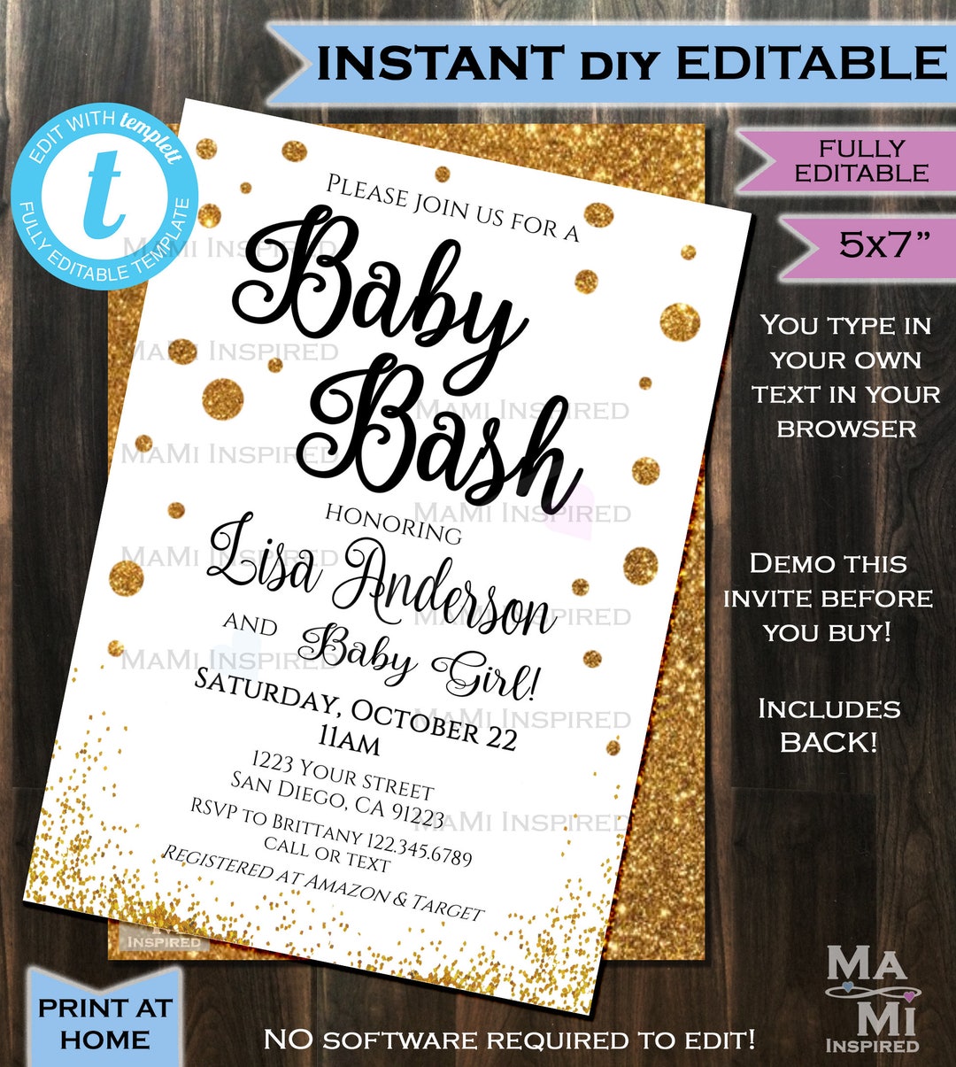 Baby Bash Baby Shower Invitation Baby Sprinkle Invite Gold Glitter ...