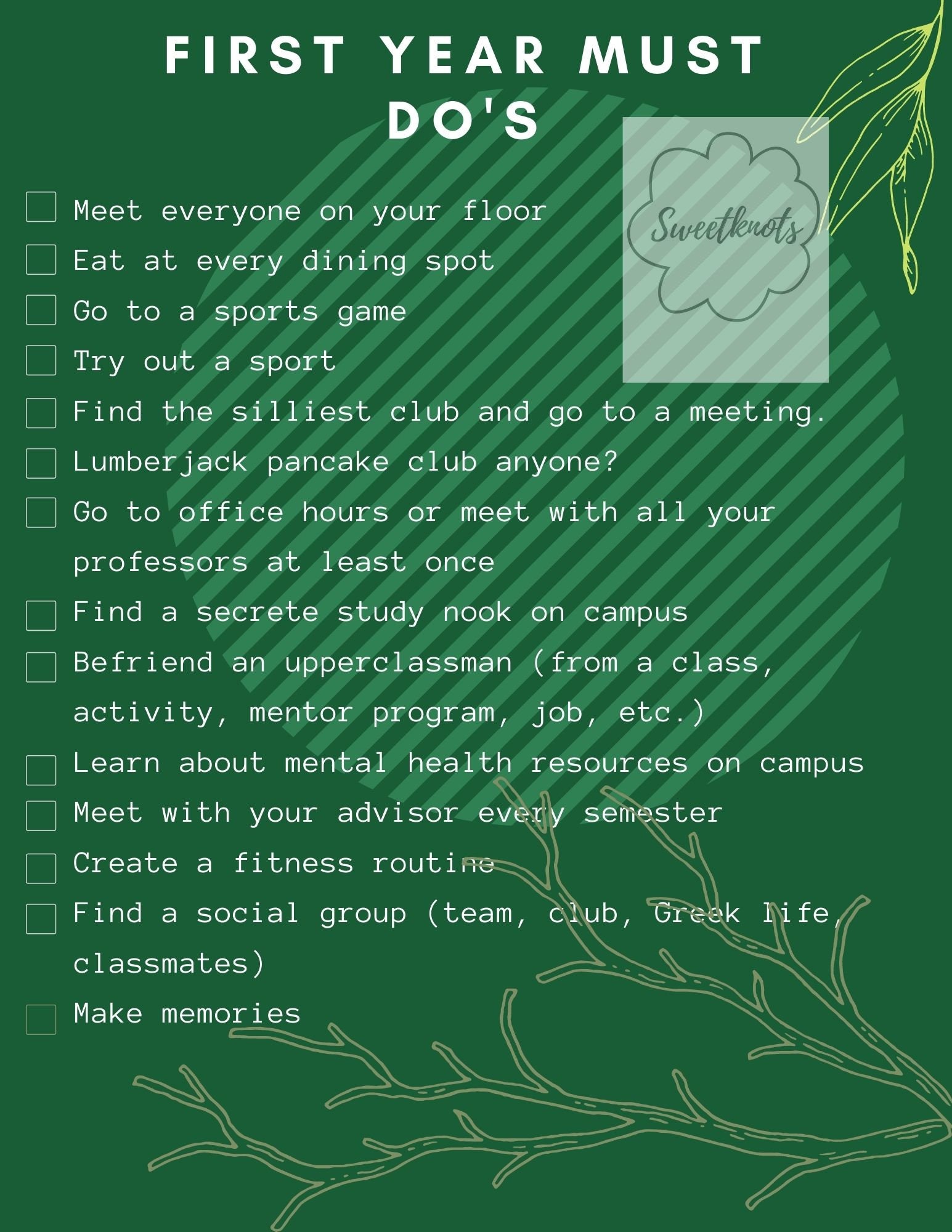 Printable College University MUST DO First Year Freshman Bucket List ...