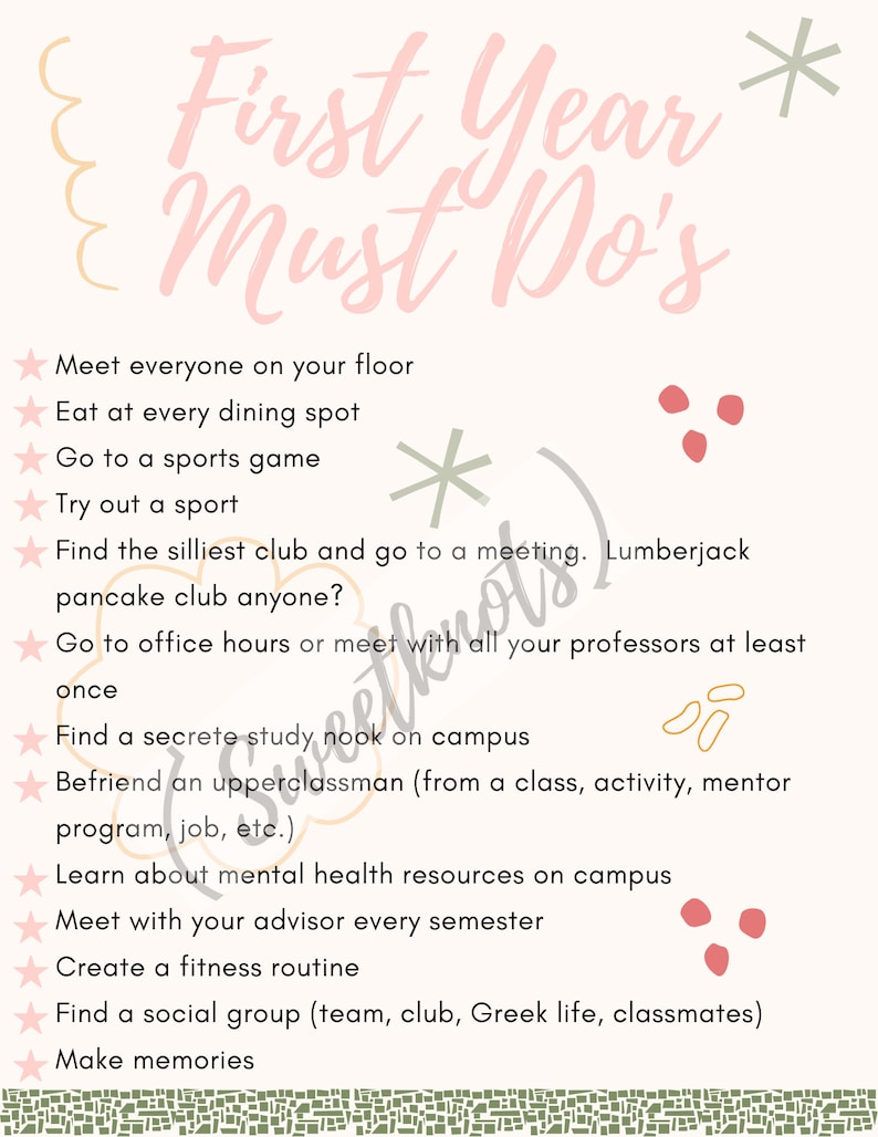 University MUST DO First Year Bucket List Printable College Freshman ...