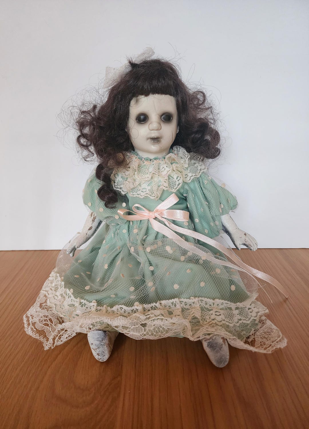 Haunted Vintage Posable Doll With Dark Curls and Lace Dress - Creepy ...