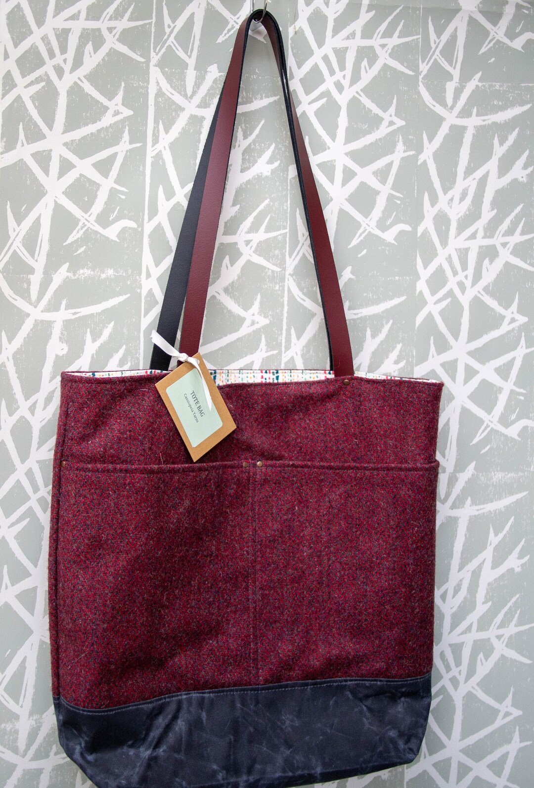 Tote Bag - Red Herringbone Wool Tweed & Waxed Canvas - Etsy