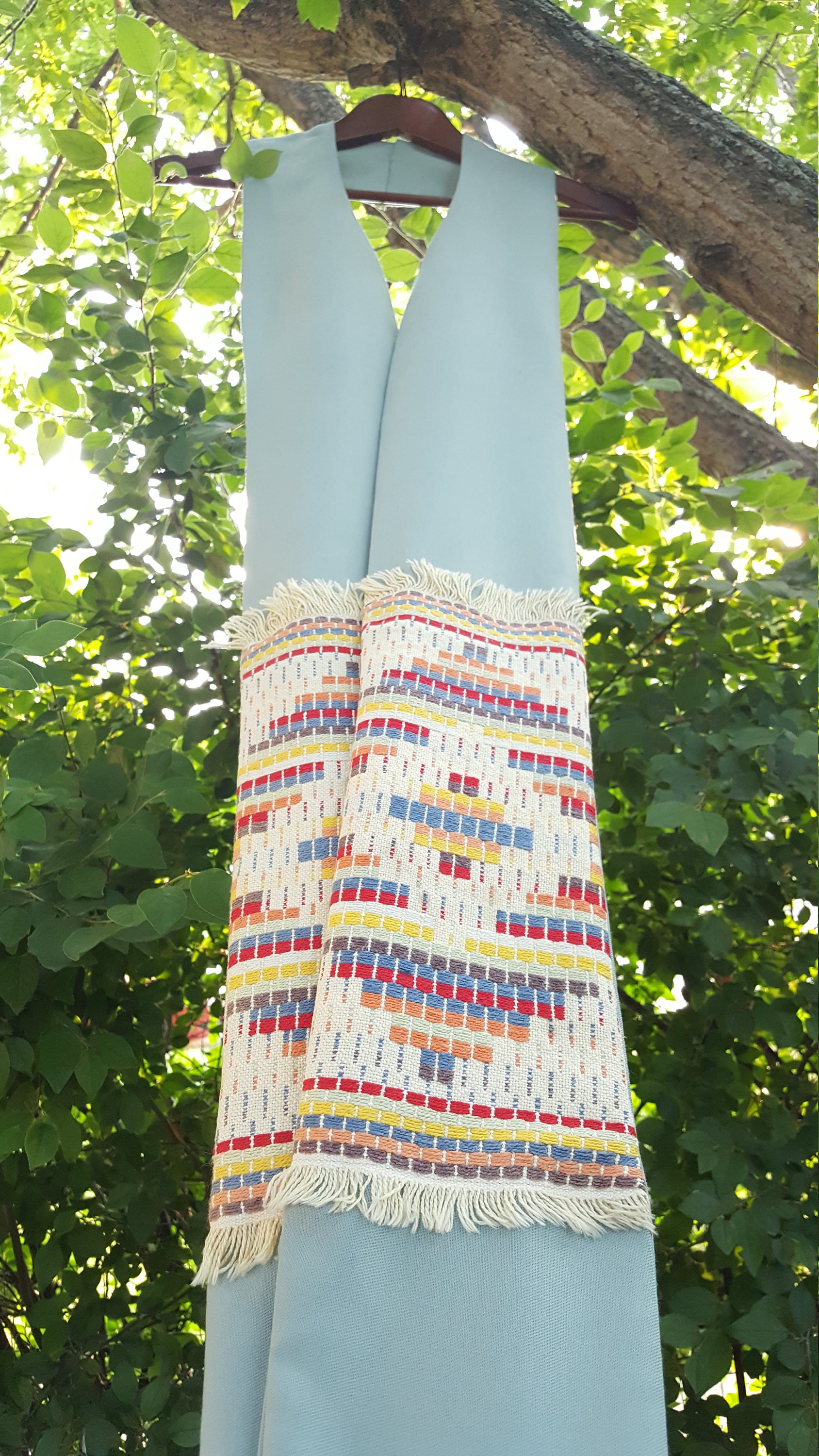 Light Green Clergy Stole With Upcycled Woven Vintage Geometric Rainbow ...