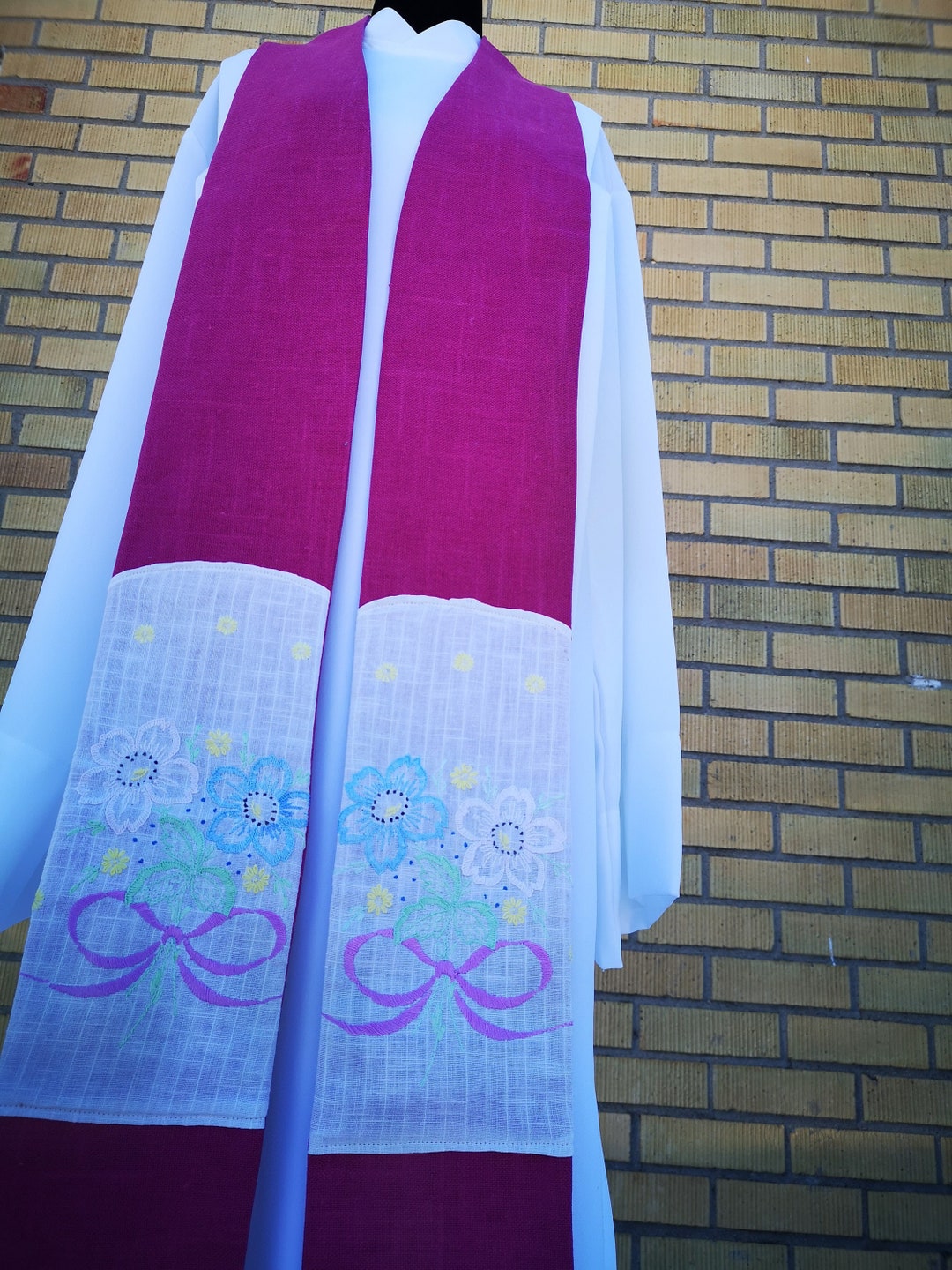 Deep Rose Pink Clergy Stole With Vintage Hand Embroidered Pastel ...