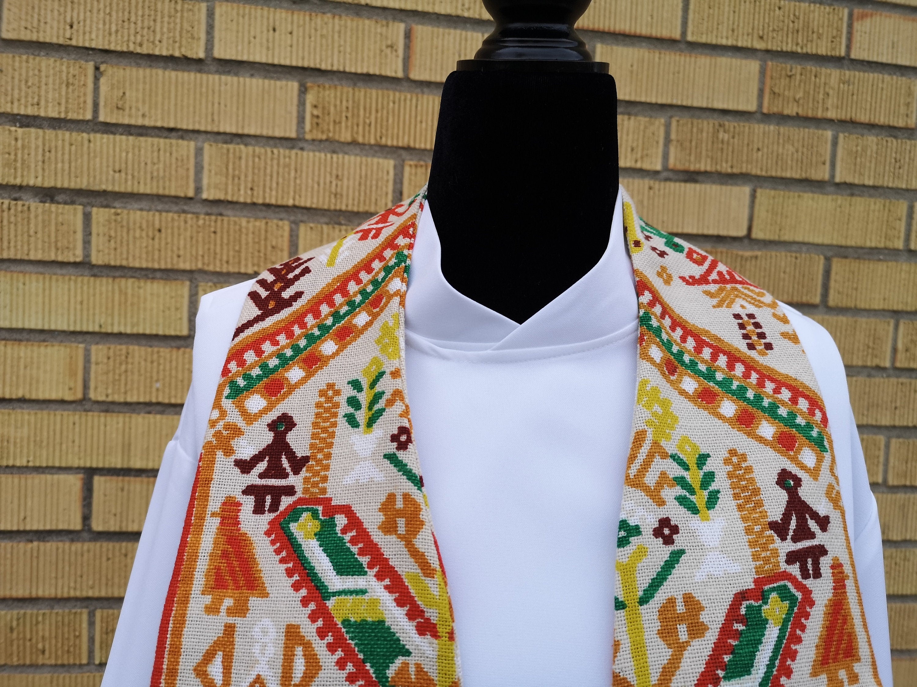 Colourful Retro Fabric Clergy Stole With Geometric, People, and Animal ...