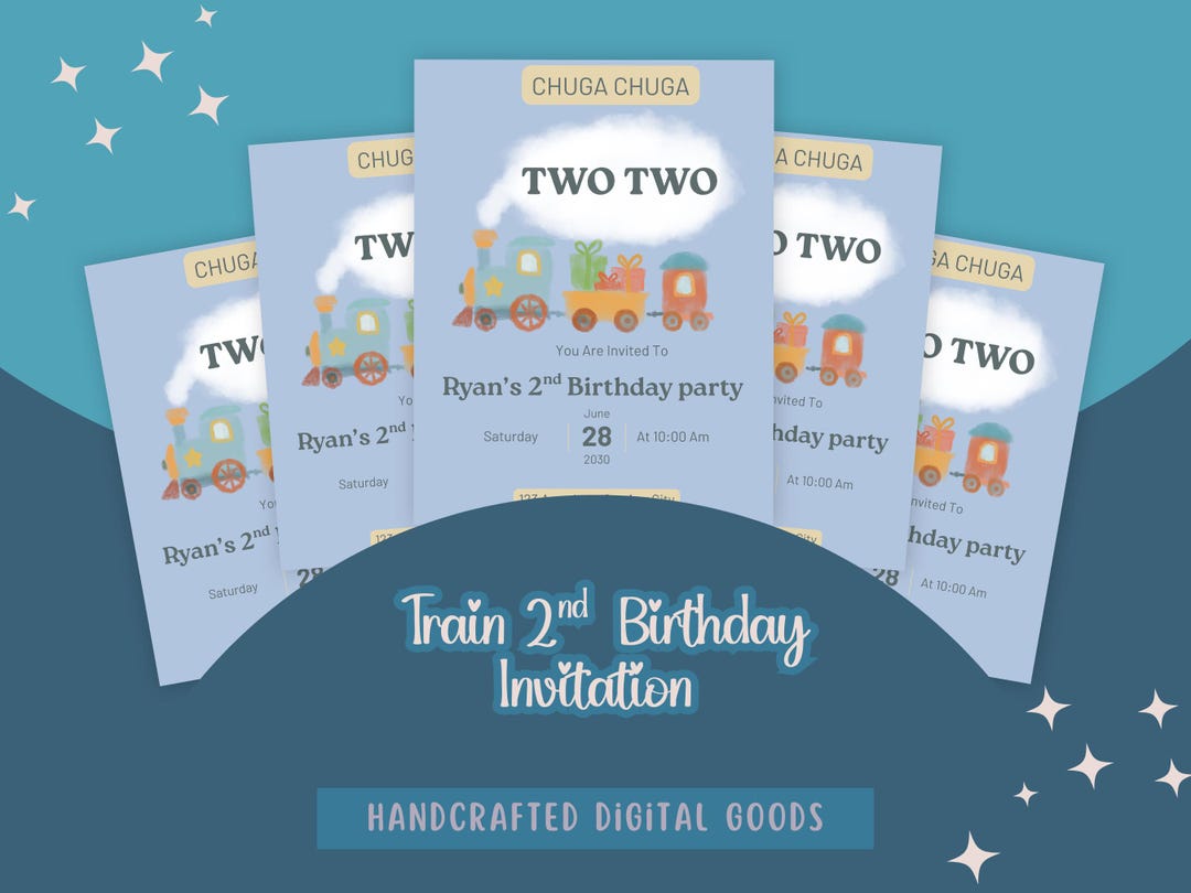 Blue Two Two Train Birthday Invitation 5x7in: Personalized Party Invite ...