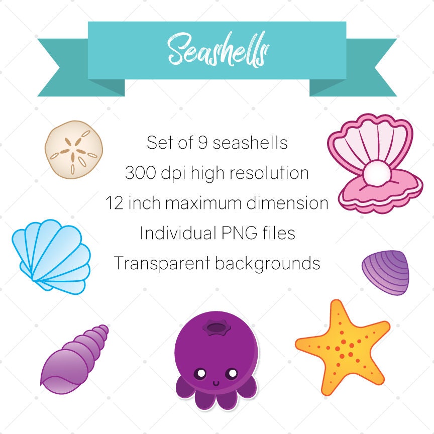 Seashell Clip Art, Shell Graphics, Beach Scrapbook, Summer Vacation ...