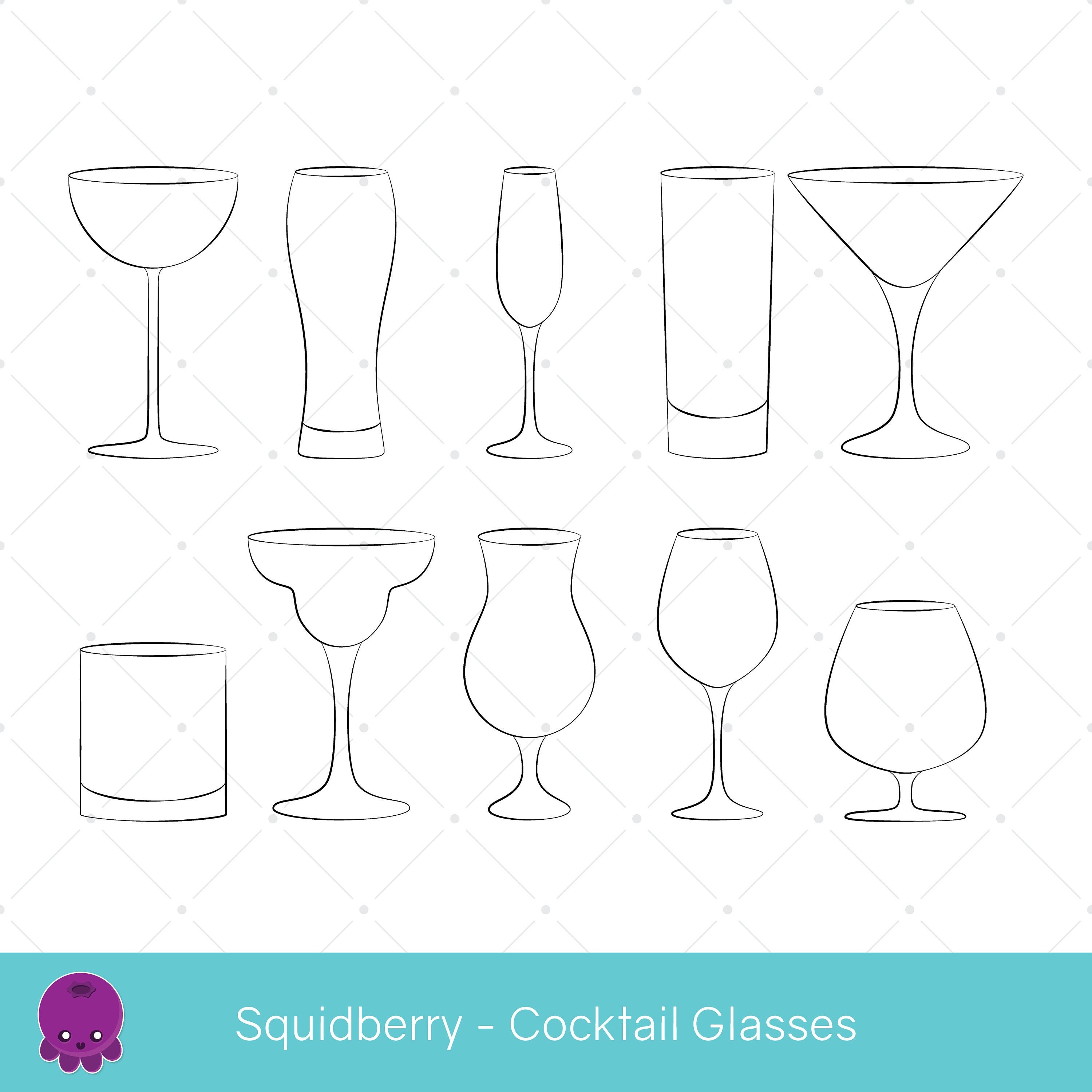 Cocktail Glasses Clip Art Glass Barware Hand Drawn Silhouette Outline Wedding Invitations