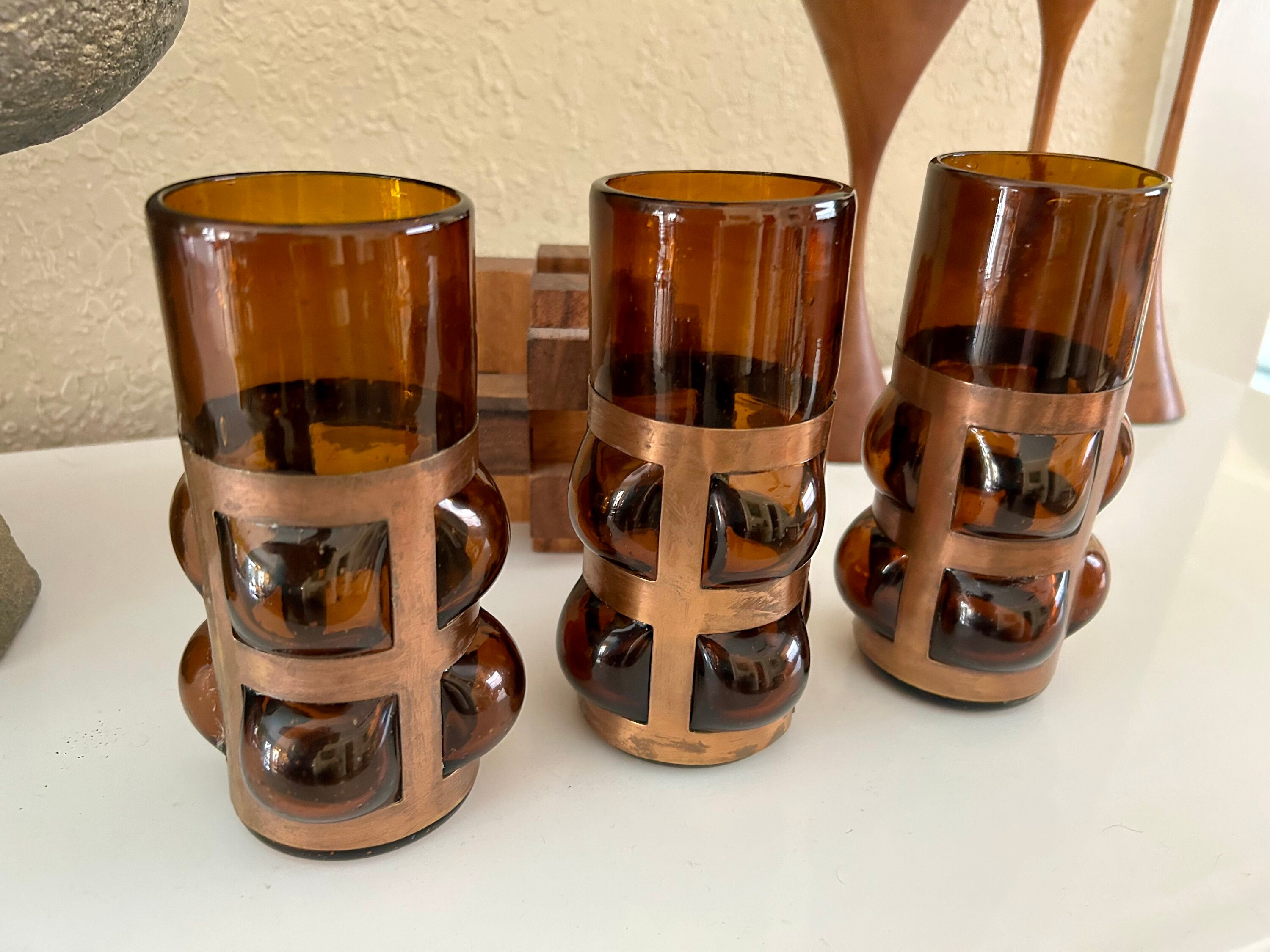 Brutalist Caged Glass Amber Glasses Mexico MCM Hand Blown Felipe ...