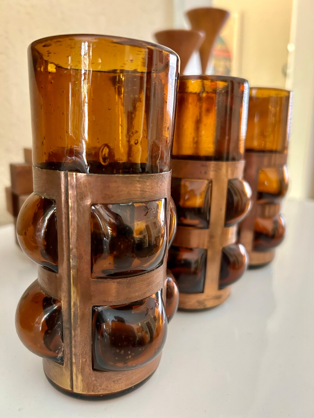 Brutalist Caged Glass Amber Glasses Mexico MCM Hand Blown Felipe ...