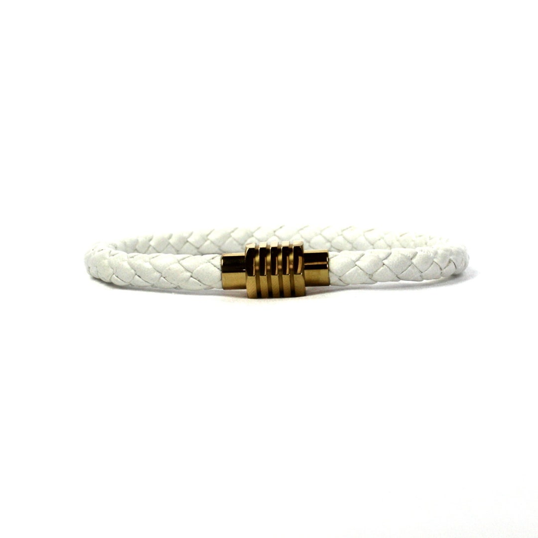 White Leather Cord Bracelet for Men, White & Gold Bracelet, Jewelry for ...