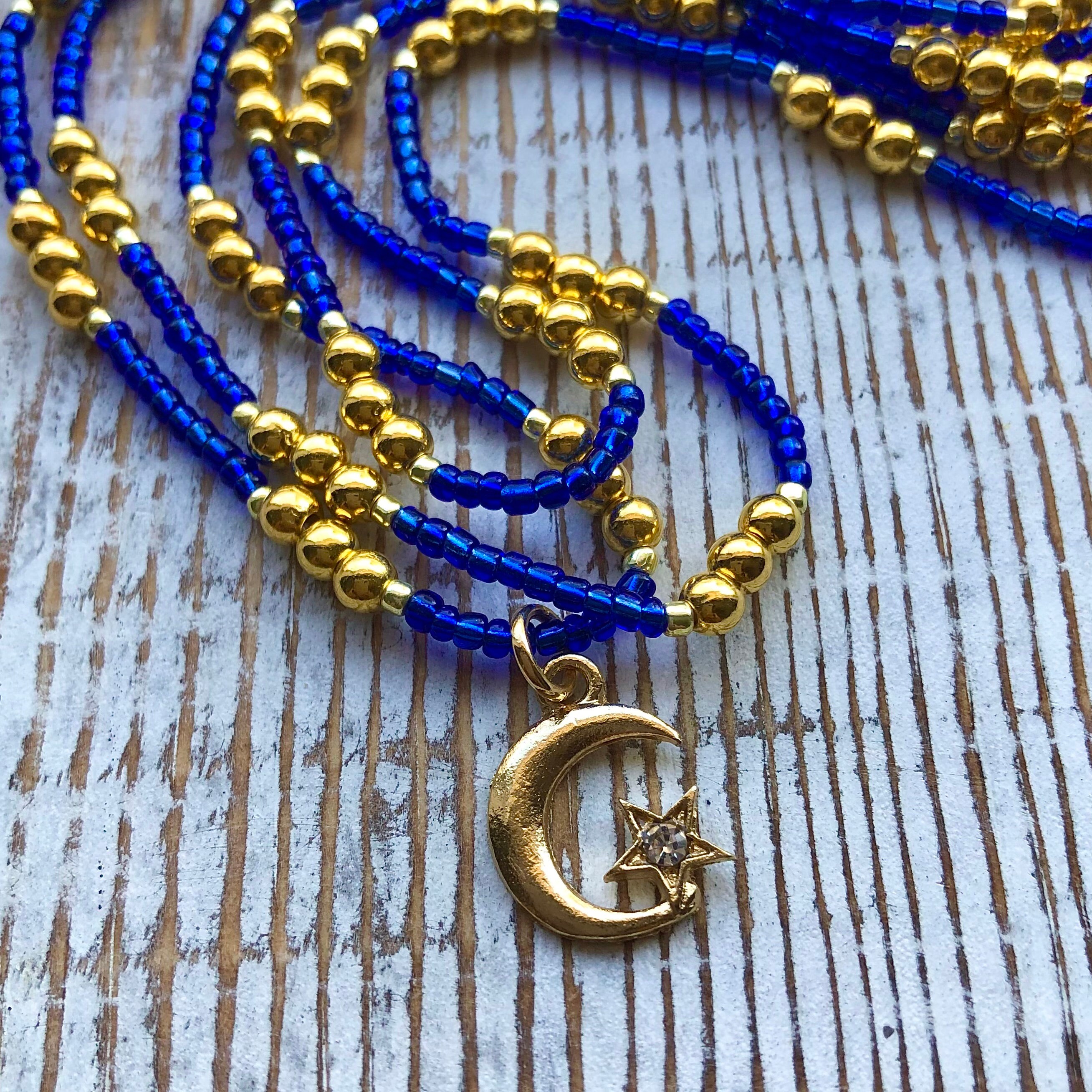 Mystical Moon Charm Waist Beads | Blue & Gold Belly Chain - Etsy