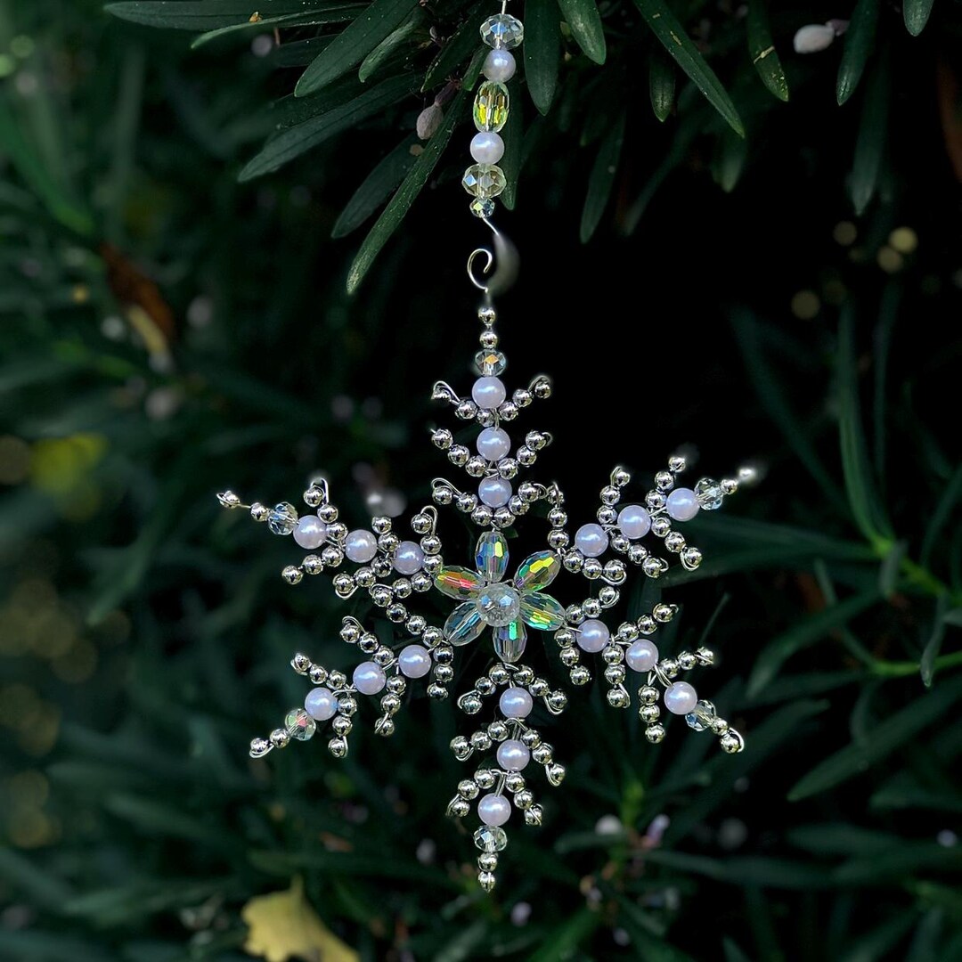 Wire Wrapped Beaded Snowflake Christmas Ornament White & Silver - Etsy
