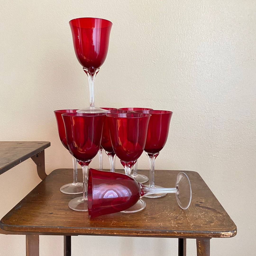 VTG 7oz Ruby Red Water Goblets Clear Art Glass Bow Tie Stem Tulip Set ...