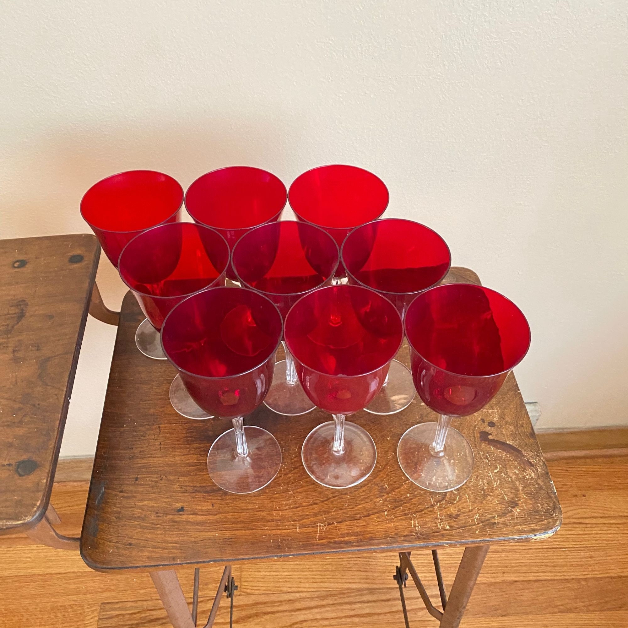VTG 7oz Ruby Red Water Goblets Clear Art Glass Bow Tie Stem Tulip Set ...