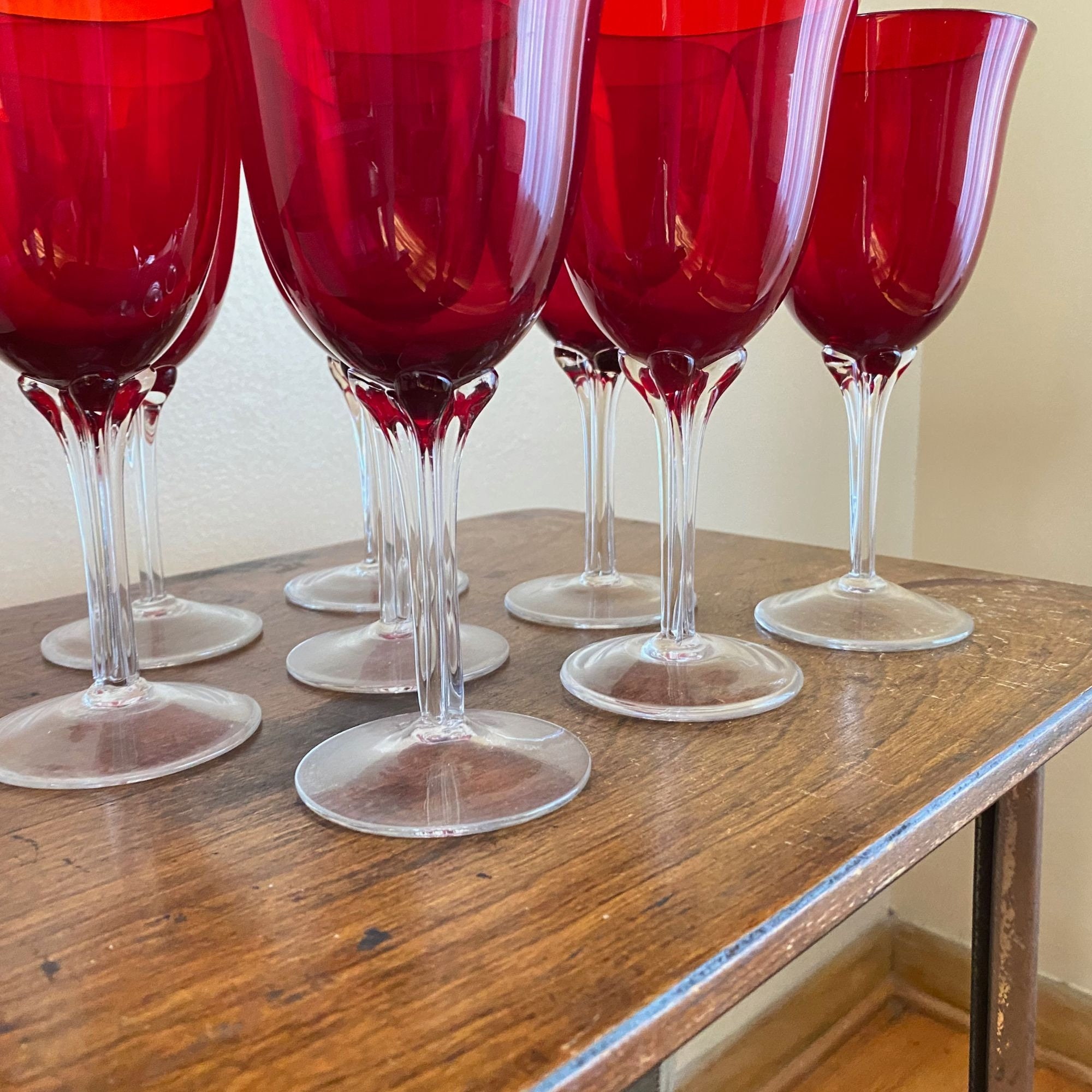 VTG 7oz Ruby Red Water Goblets Clear Art Glass Bow Tie Stem Tulip Set ...