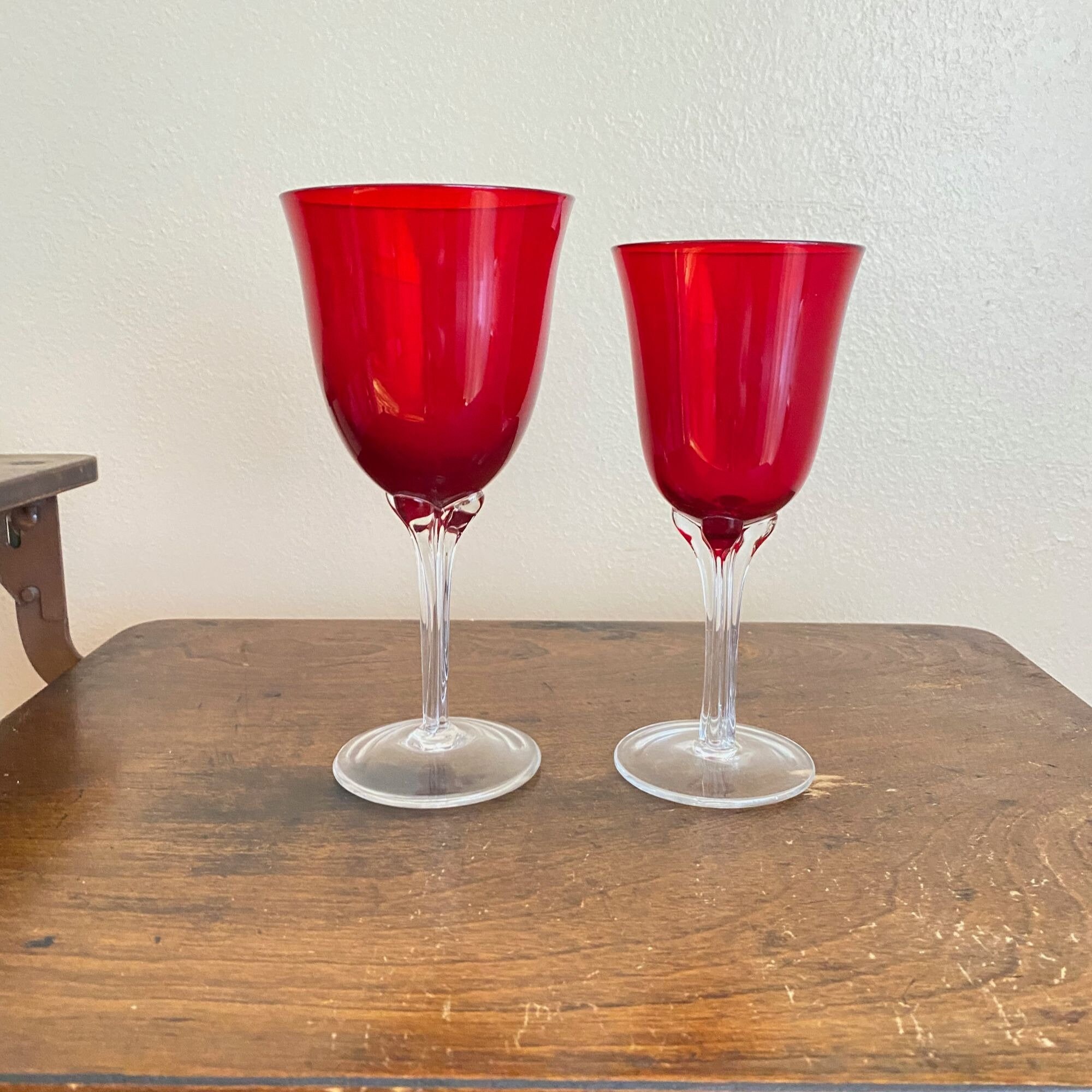 VTG 7oz Ruby Red Water Goblets Clear Art Glass Bow Tie Stem Tulip Set ...