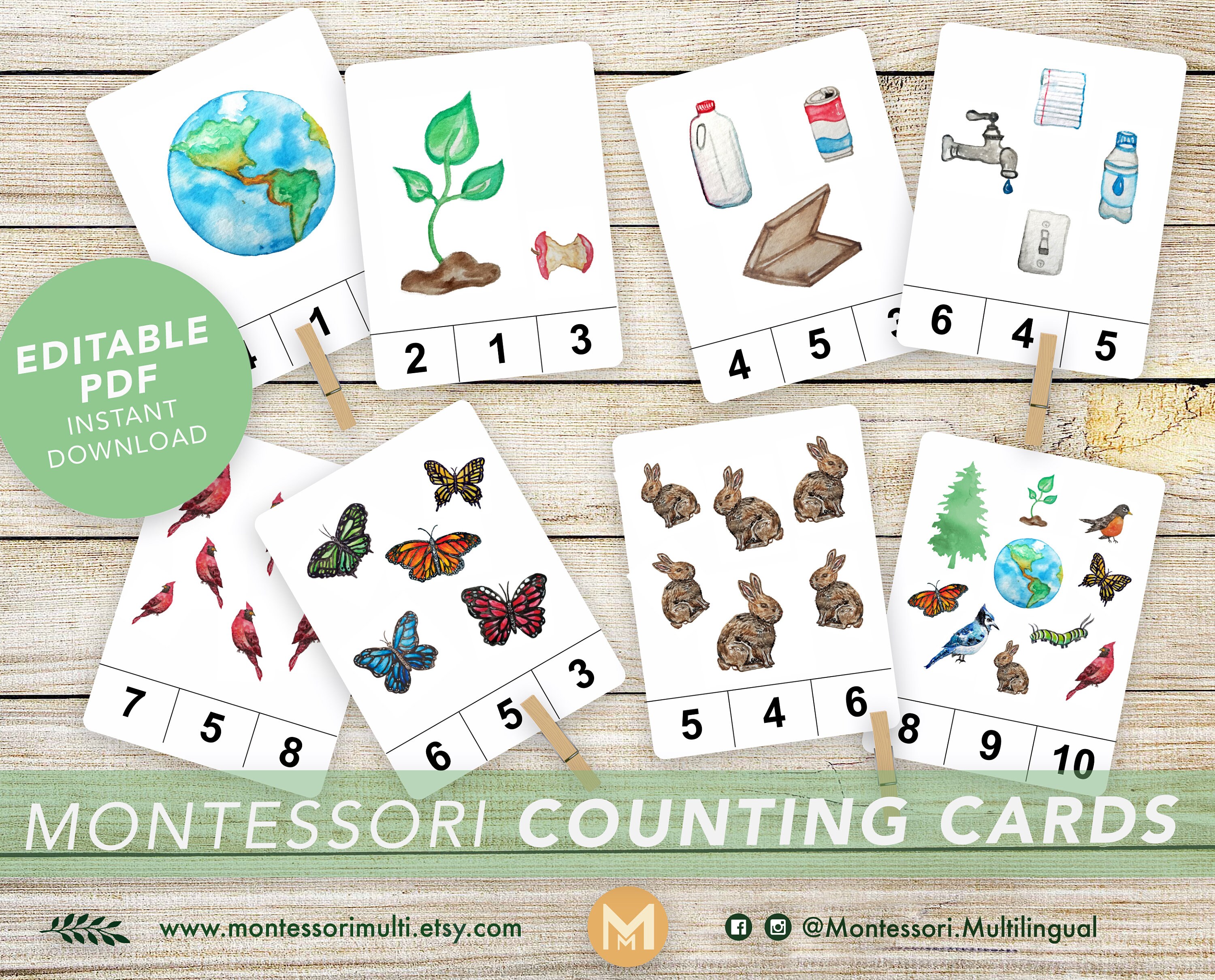 COUNTING CARDS • Earth Day Nature Ecology • Montessori Clip Cards ...
