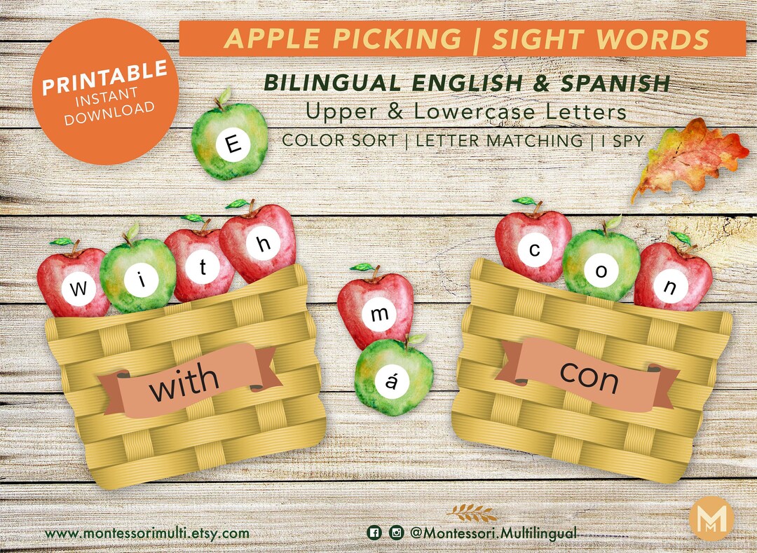 Fall Apple Sight Words: Bilingual Spanish Montessori Printable (PDF ...