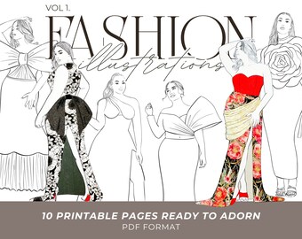 Fashion Illustration Coloring Pages: Evening Gowns Clipart (PDF) - Etsy