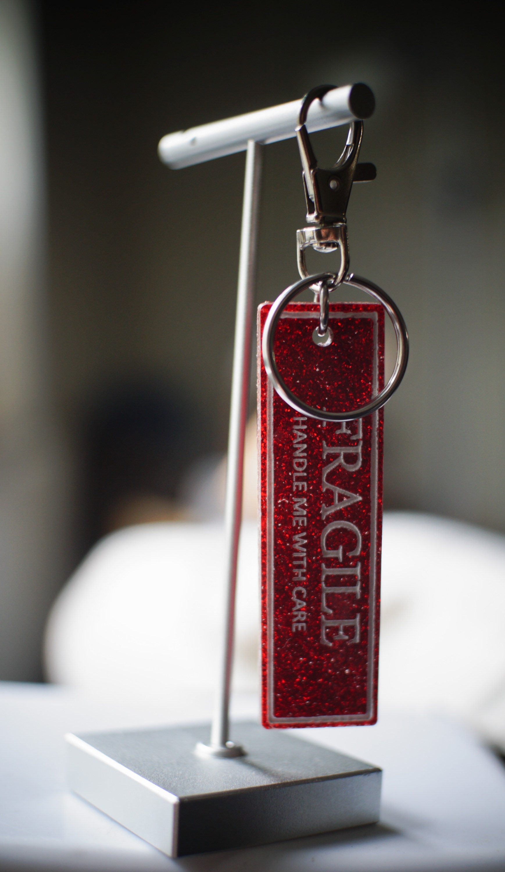 Laser Cut Engraved & Painted Fragile Red Glitter Jumbo Acrylic Keychain ...