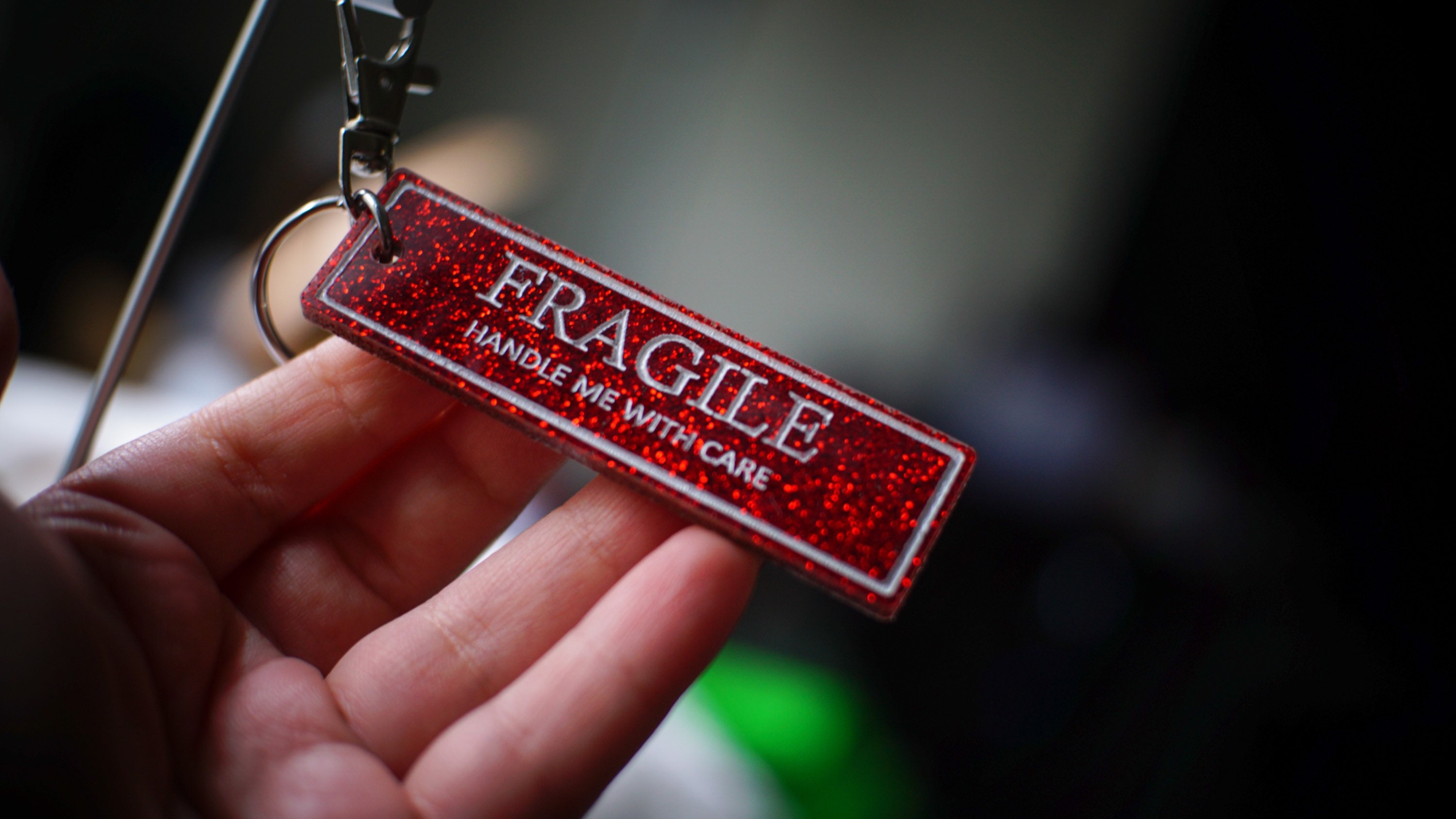 Laser Cut Engraved & Painted Fragile Red Glitter Jumbo Acrylic Keychain ...