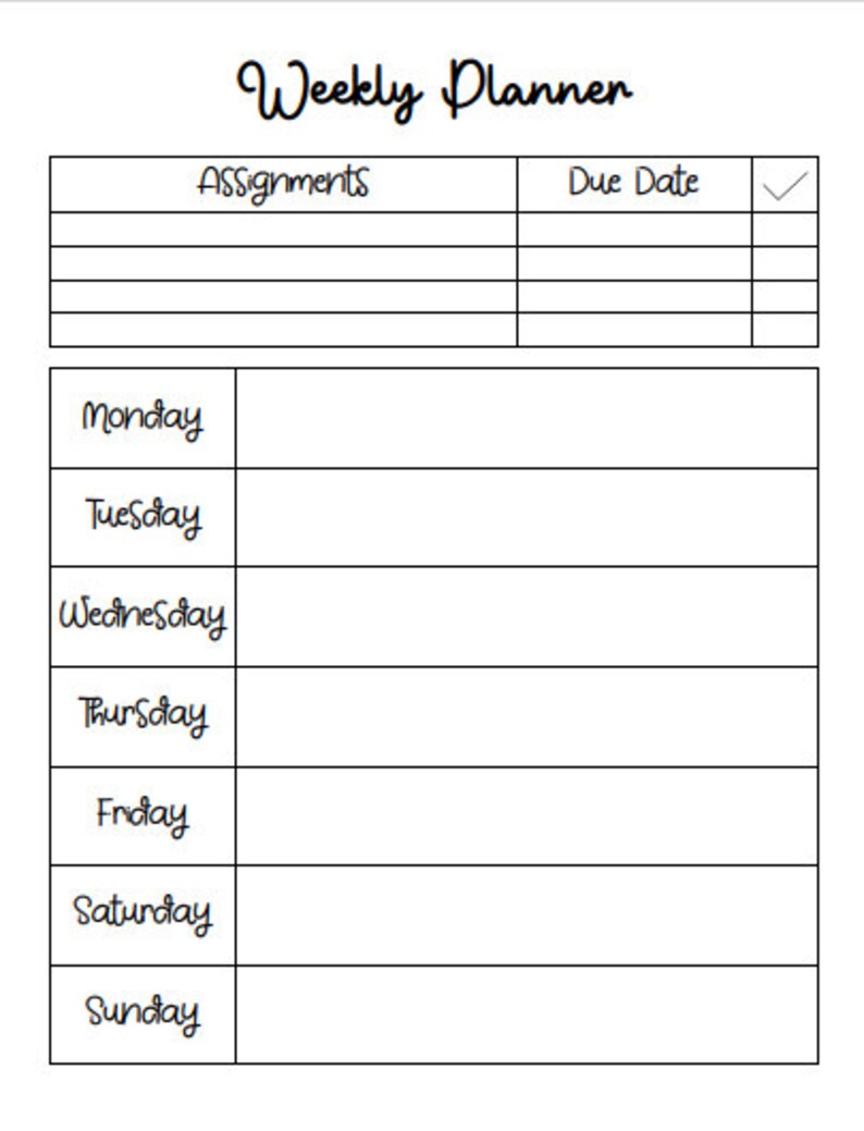 WEEKLY Planner Worksheet DIGITAL FILE| School Planner| Printable Weekly ...