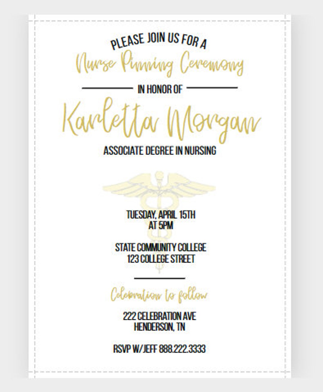 5 X 7 Nurse Pinning Digital Invitation White & Gold Invitation Pinning ...