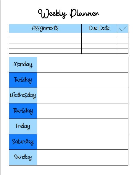 WEEKLY Planner Worksheet DIGITAL FILE| School Planner| Printable Weekly ...