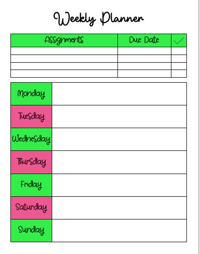 WEEKLY Planner Worksheet DIGITAL FILE School Planner Printable Weekly ...