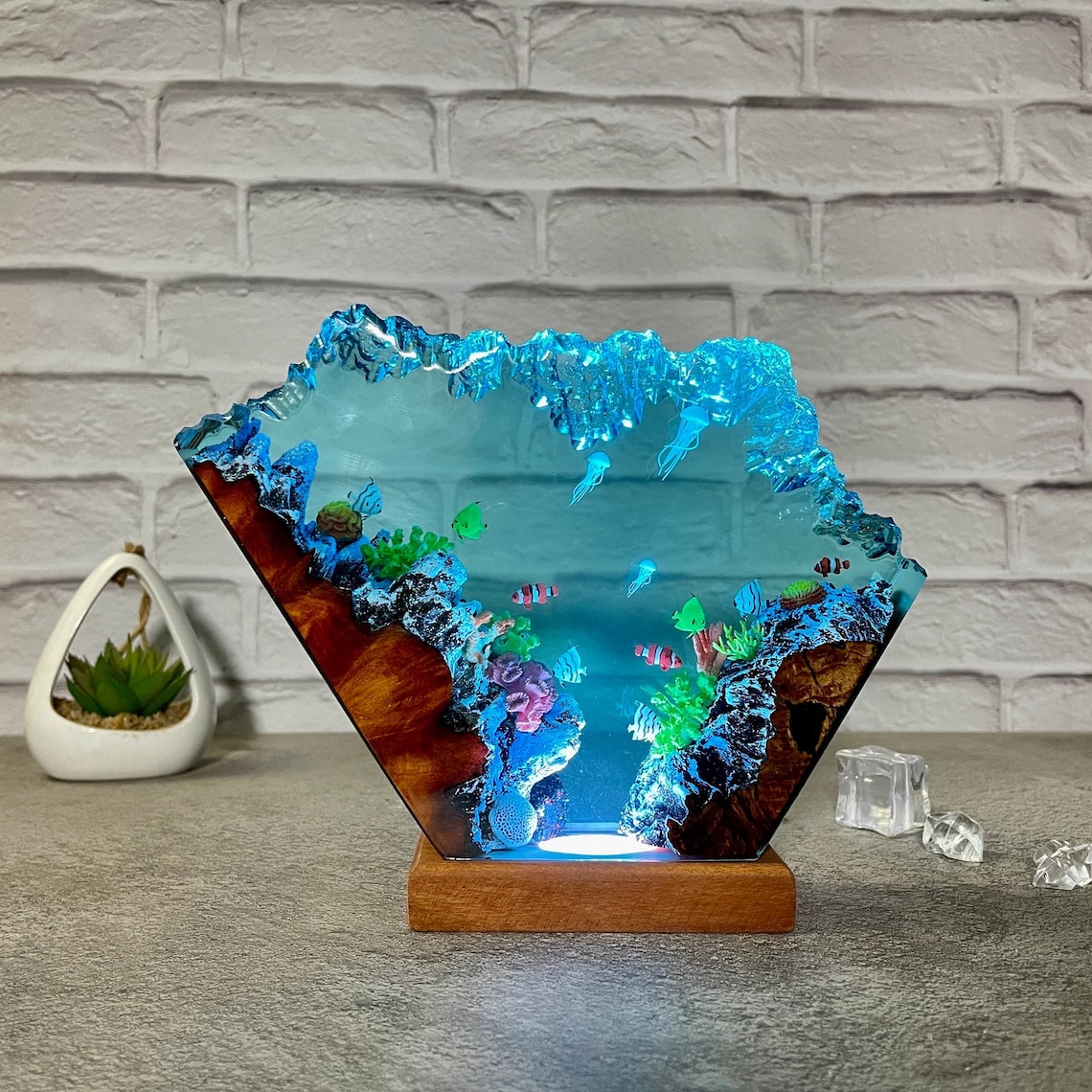 Jellyfish Epoxy Resin Wood Lamp,ocean Art Resin,custom Night Light,home ...