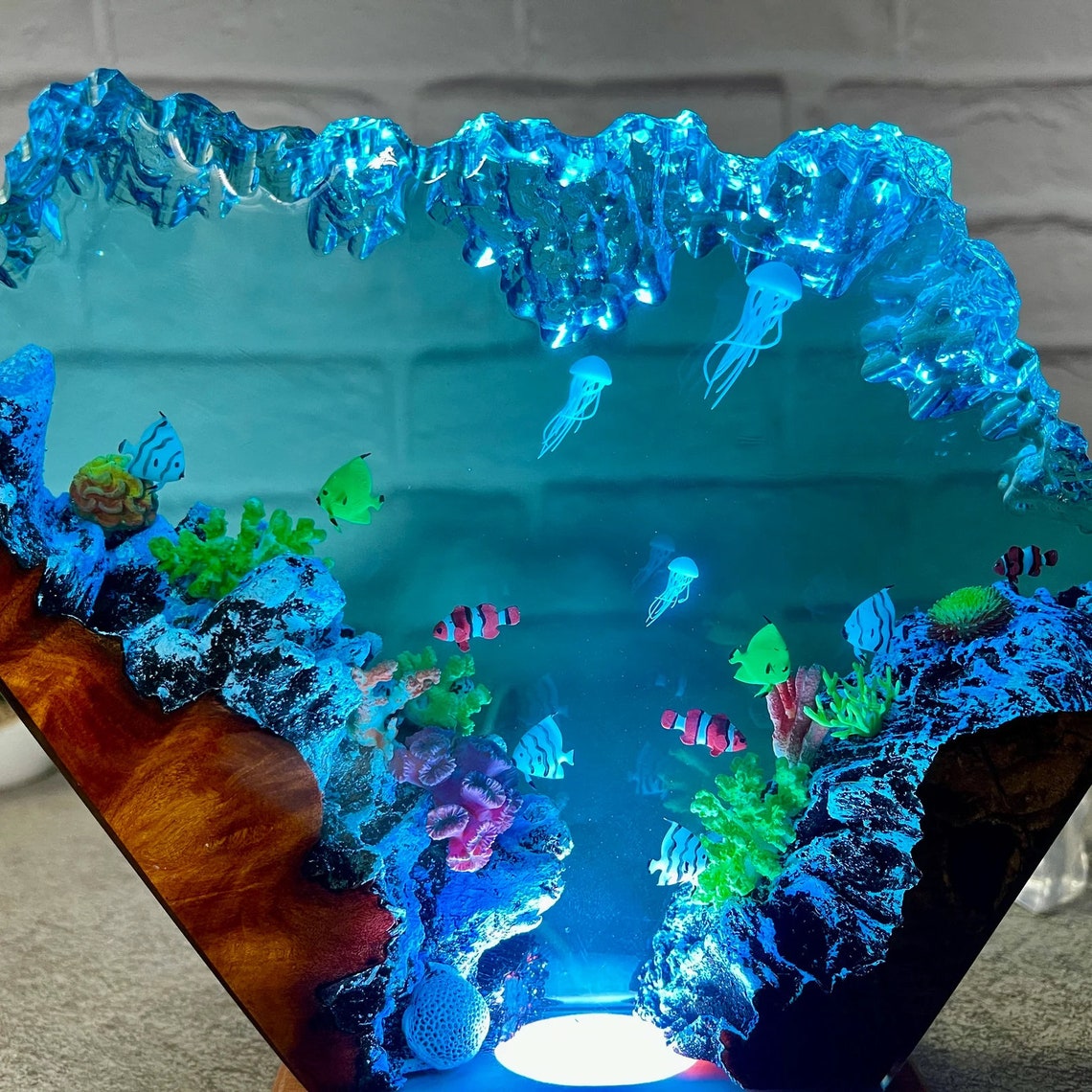 Jellyfish Epoxy Resin Wood Lamp,ocean Art Resin,custom Night Light,home ...