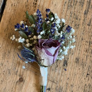 Dried Thistle and Rose Buttonhole, Scottish Wedding, Dried Dusky Pink ...