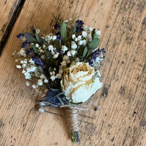 Dried Rose and Thistle Buttonhole, Scottish Wedding, Dried Blue Thistle ...