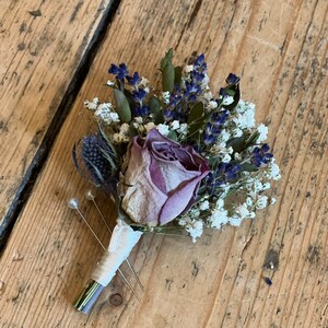 Dried Thistle and Rose Buttonhole, Scottish Wedding, Dried Dusky Pink ...