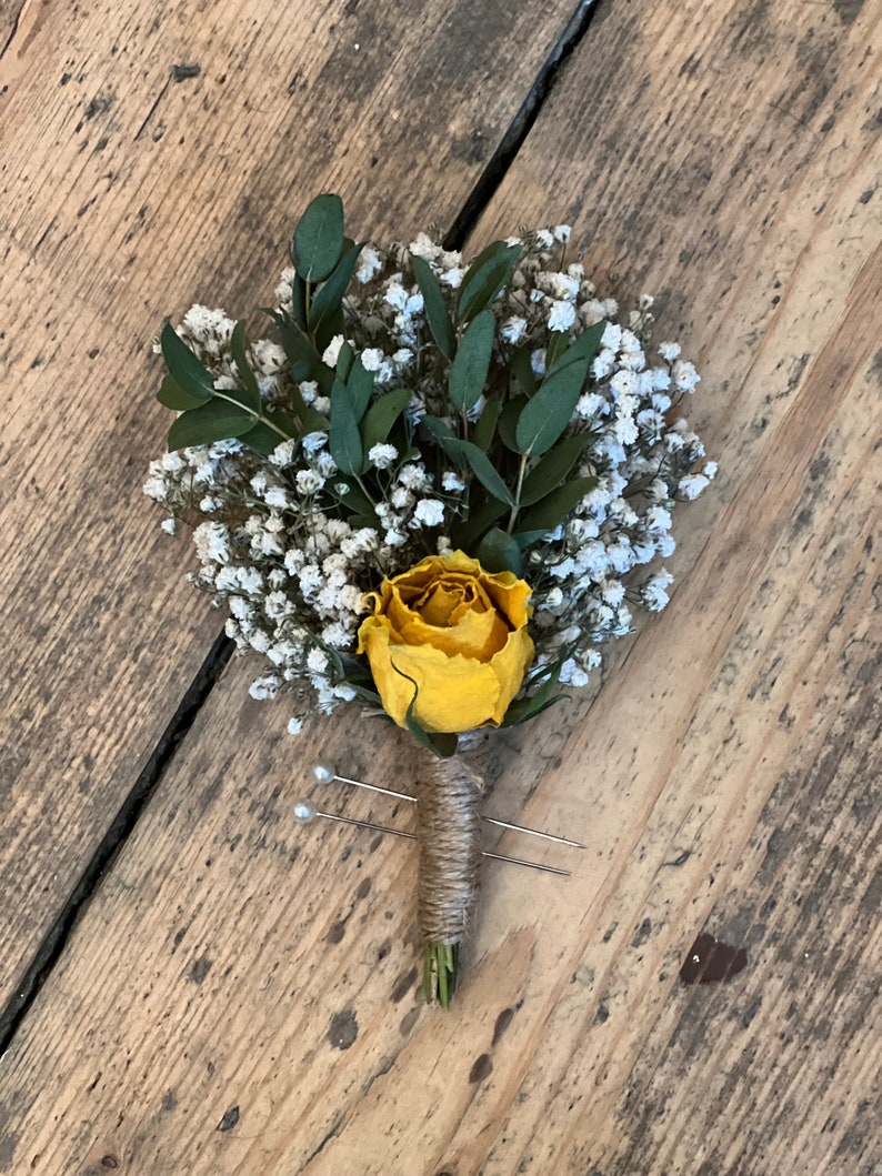 Dried Yellow Rose Buttonhole, Dried Flower Wedding Buttonhole, Dried ...