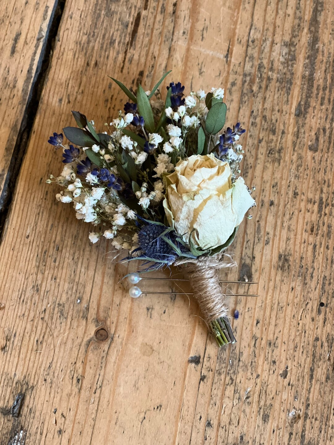 Dried Rose and Thistle Buttonhole, Scottish Wedding, Dried Blue Thistle Buttonhole, Dried Cream ...