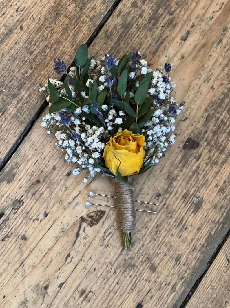 Dried Yellow Rose Buttonhole, Dried Rose and Lavender Buttonhole, Dried ...