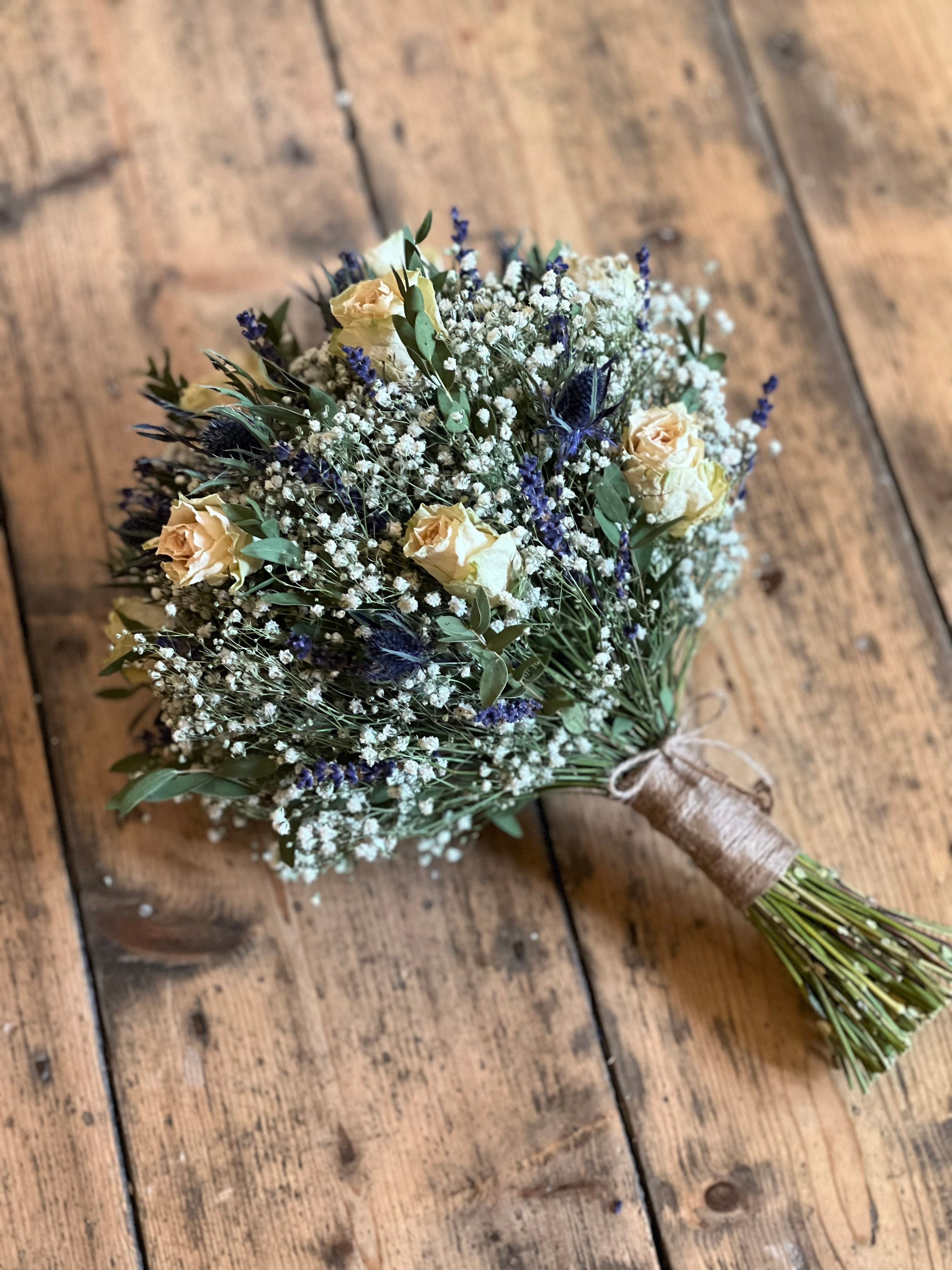 Dried Cream Rose Bouquet, Dried Blue Thistle Bouquet, Scottish Wedding ...