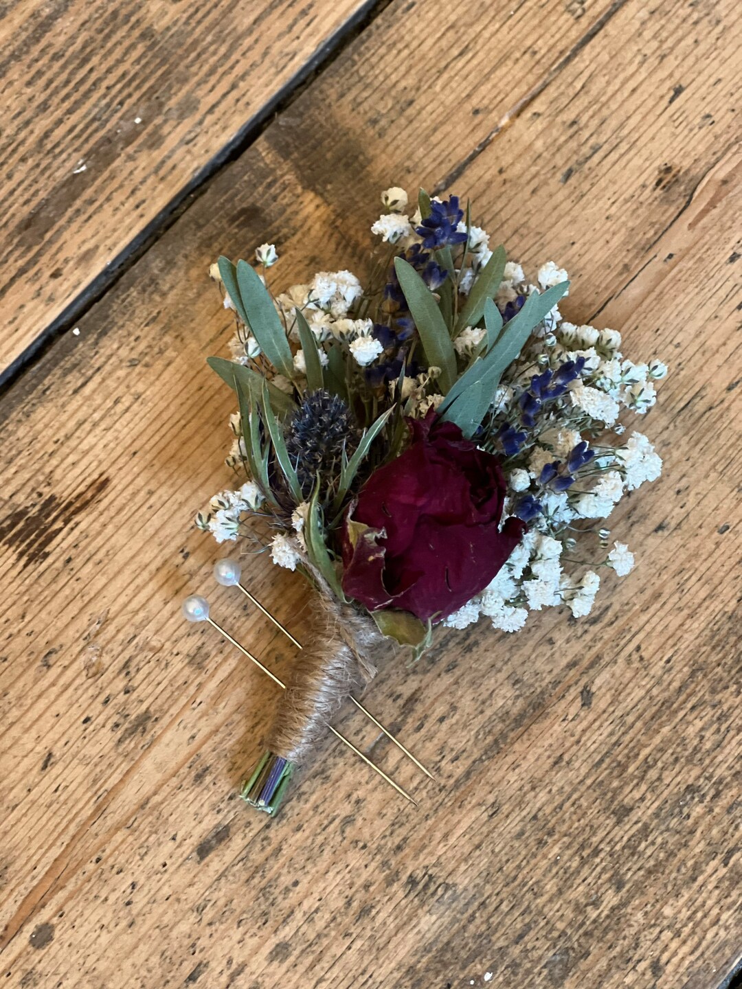 Dried Red Rose and Blue Thistle Buttonhole, Dried Gypsophila Buttonhole ...