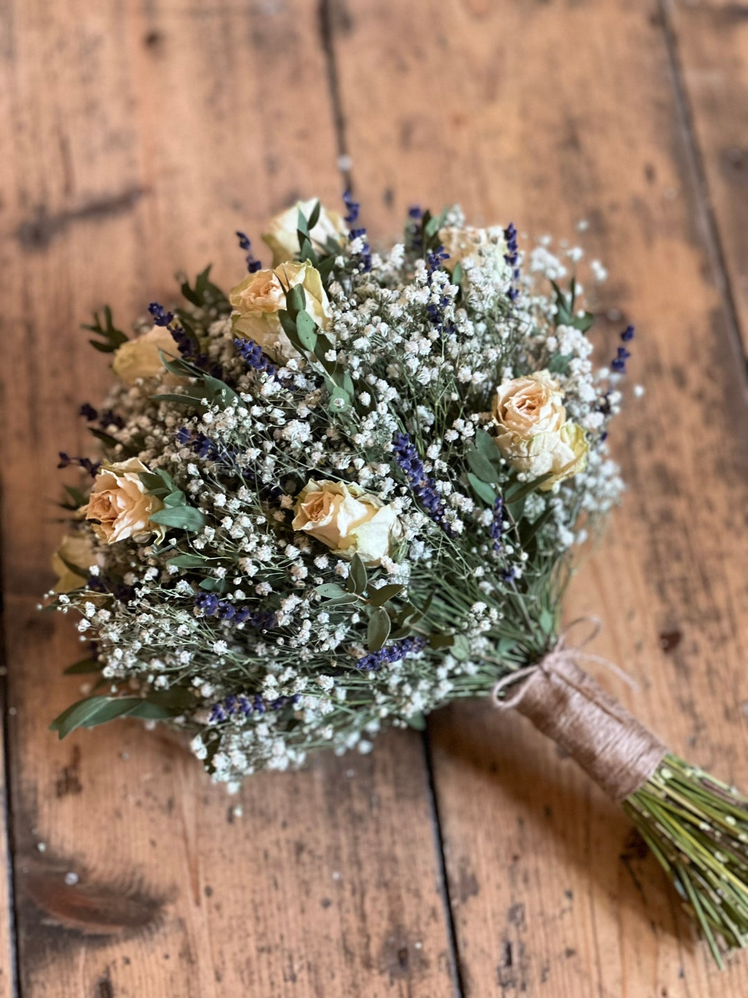 Dried Rose and Lavender Bouquet, Dried Flower Bouquet, Cream Rose ...